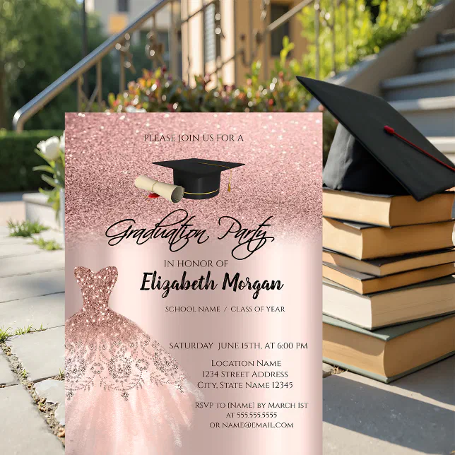 Rose Gold Glitter Dress Graduation Cap Graduation Invitation | Zazzle
