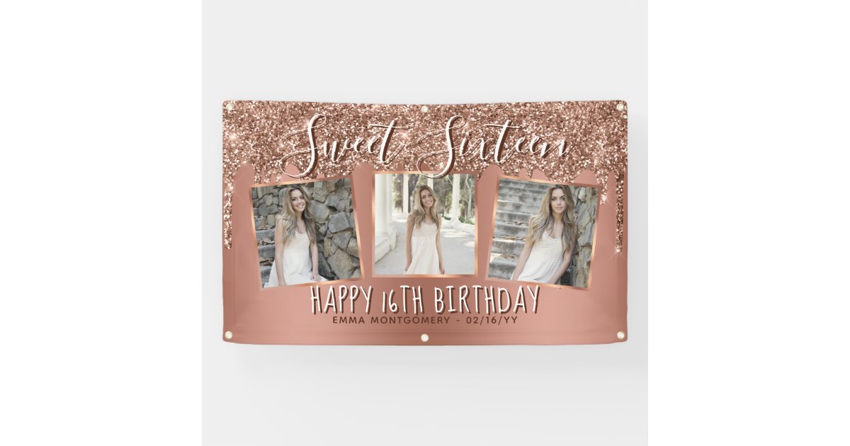 Rose Gold Glitter Drip Photo Collage 16th Birthday Banner | Zazzle