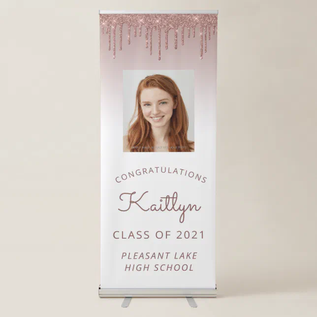 Rose Gold Glitter Drip Photo Graduation Retractable Banner | Zazzle