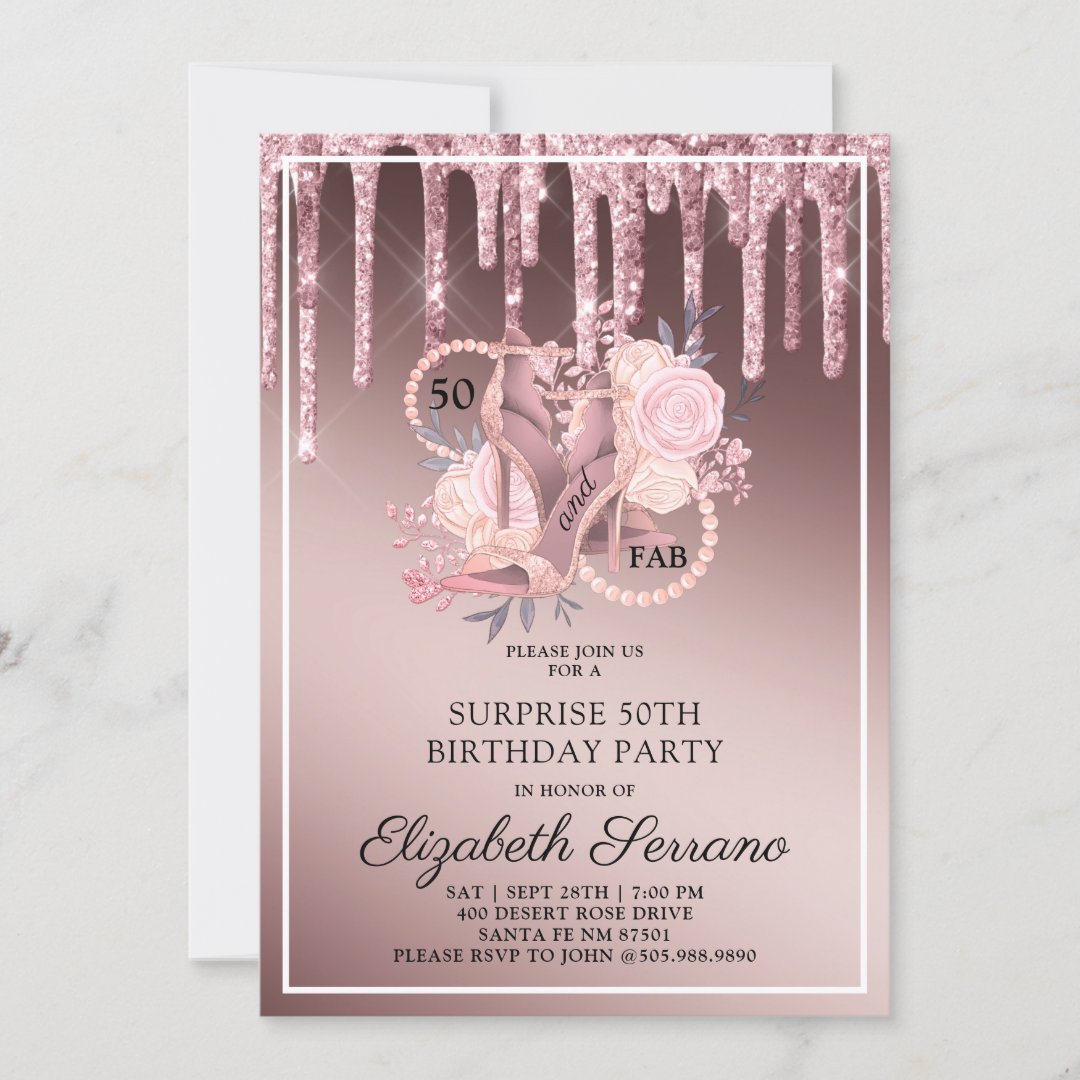 Rose Gold Glitter Drips 50th Birthday Surprise Invitation | Zazzle