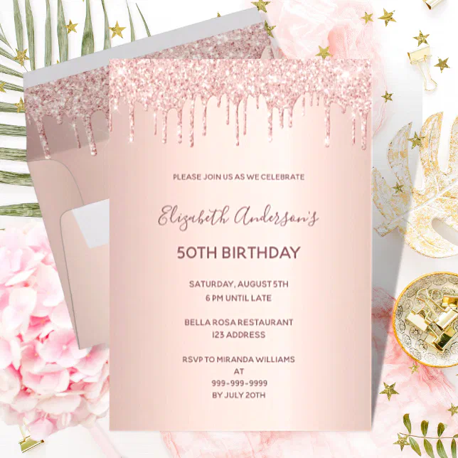 Rose Gold Glitter Drips Birthday Invitation Zazzle