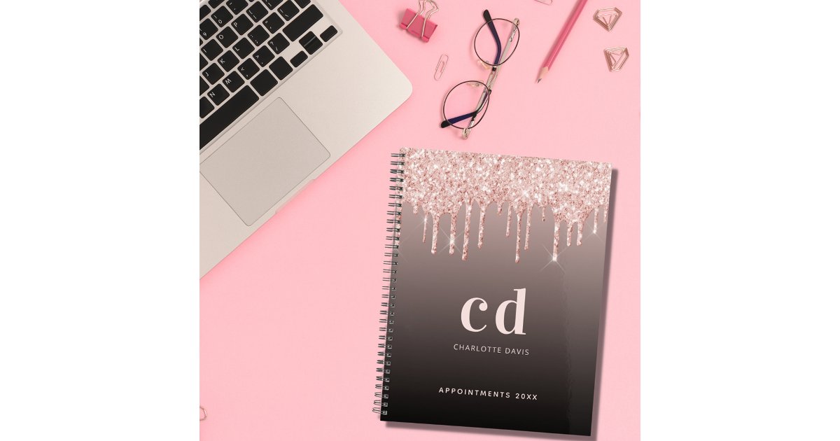 Rose gold glitter drips black monogram 2026 planner | Zazzle