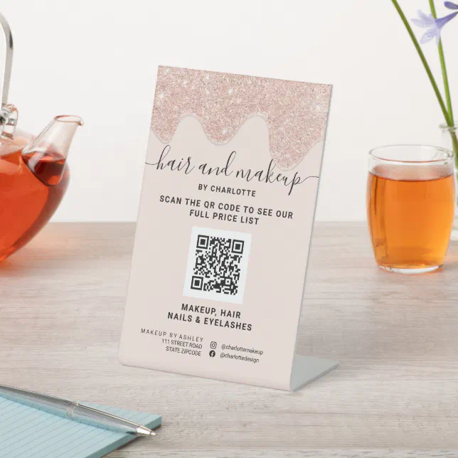 Rose gold glitter drips makeup digital QR price Pedestal Sign | Zazzle