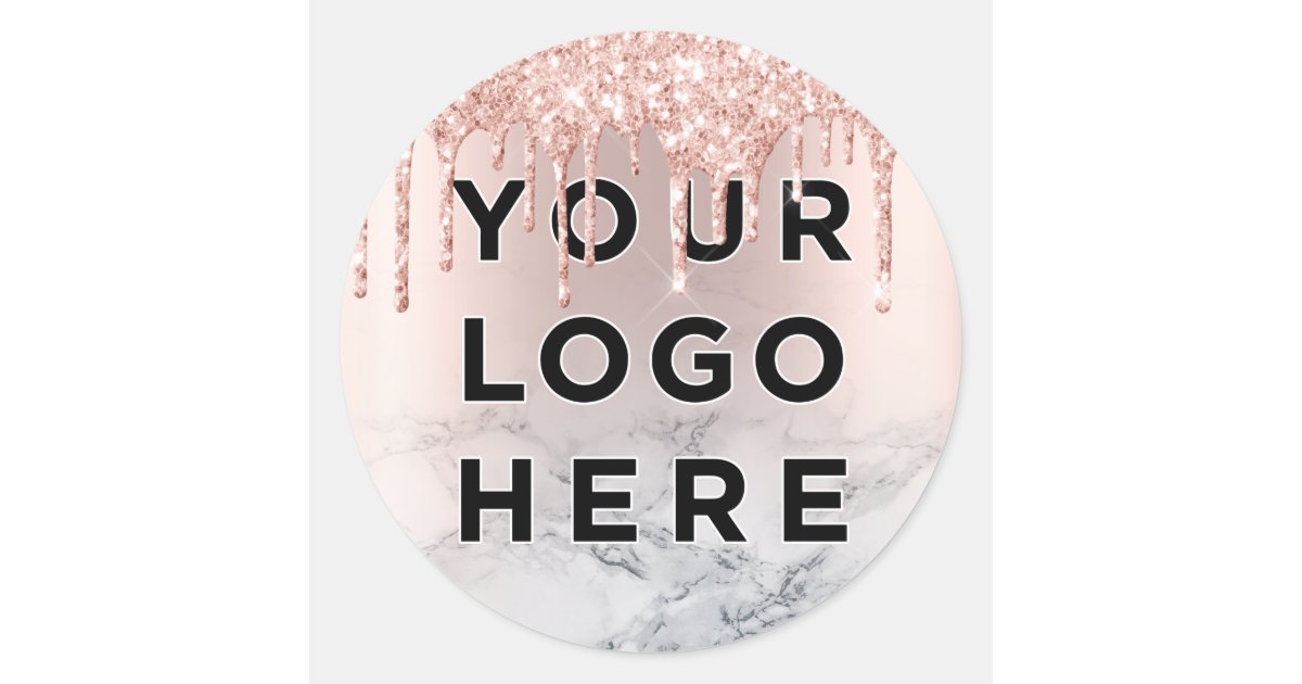 Rose Gold Glitter Drips Marble Business Logo Classic Round Sticker | Zazzle