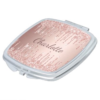 Rose gold glitter drips monogram metal elegant compact mirror | Zazzle