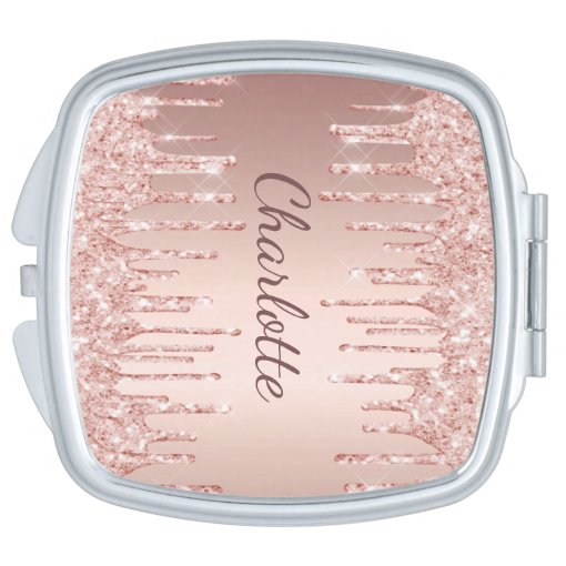 Rose gold glitter drips monogram metal elegant compact mirror | Zazzle