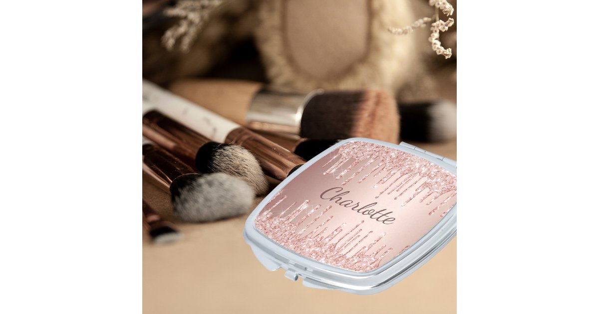 Rose gold glitter drips monogram metal elegant compact mirror | Zazzle