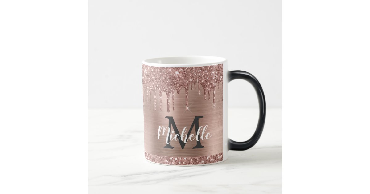 Rose Gold Glitter Drips on Pink Metal Monogram Color Morph Mug | Zazzle