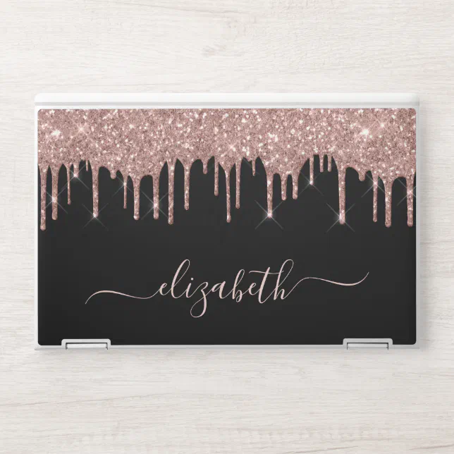 Rose Gold Glitter Drips Personalized Black Hp Laptop Skin Zazzle