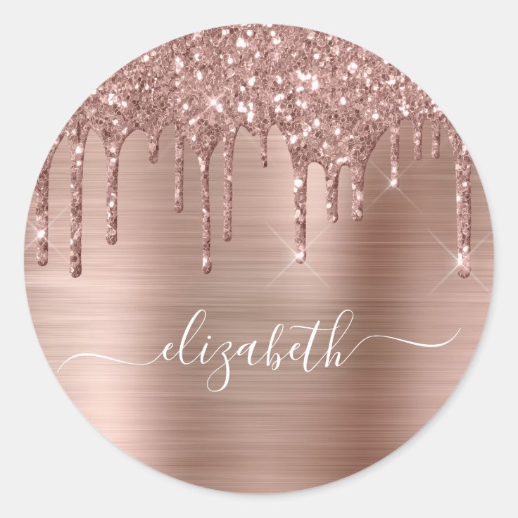Rose Gold Glitter Drips Personalized Classic Round Sticker | Zazzle