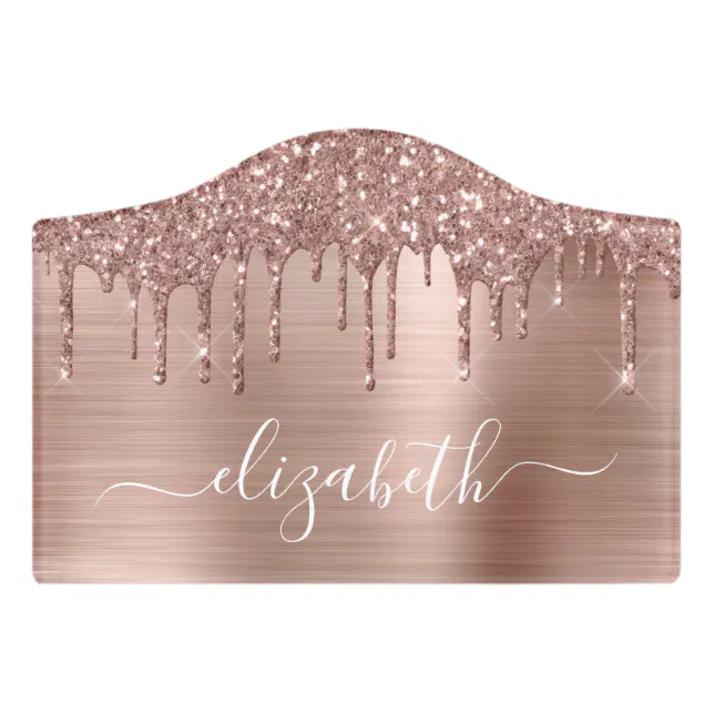 Rose Gold Glitter Drips Personalized Door Sign | Zazzle