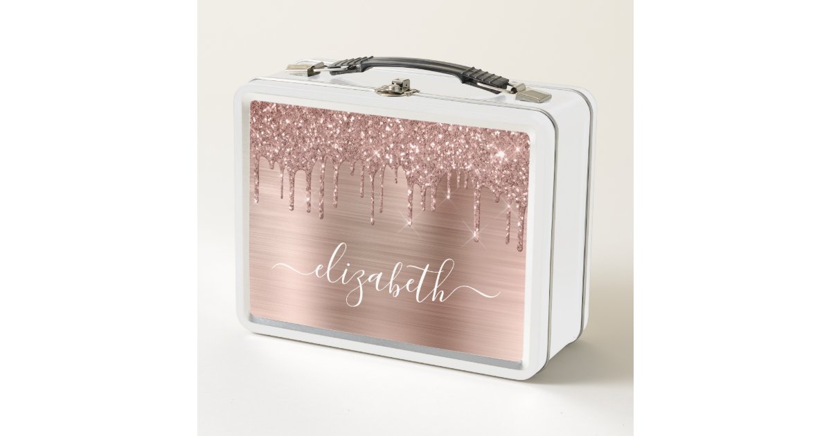 Rose Gold Glitter Drips Personalized Metal Lunch Box | Zazzle