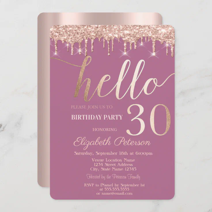 Rose Gold Glitter Drips Pink 30th Birthday Party Invitation Zazzle