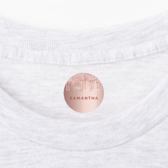 Rose gold glitter drips pink custom monogram name labels | Zazzle