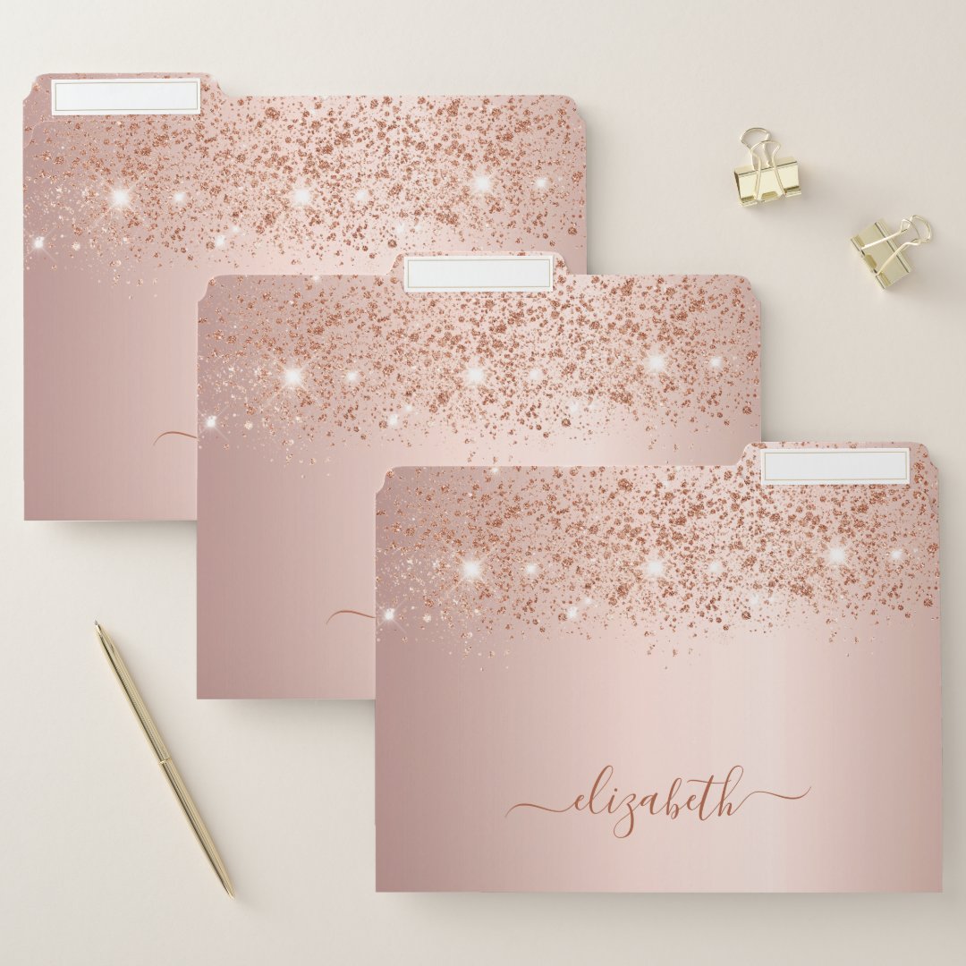 Rose gold glitter dust monogram script file folder | Zazzle