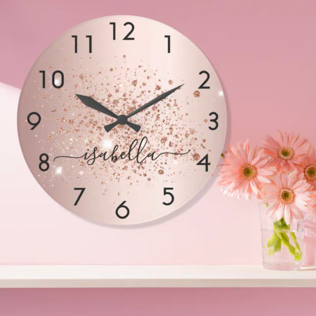 Rose gold glitter dust name script large clock | Zazzle