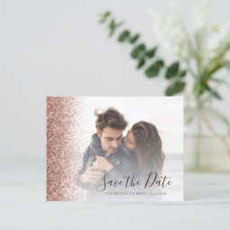 Rose Gold Glitter Edge Photo Save the Date Postcard | Zazzle