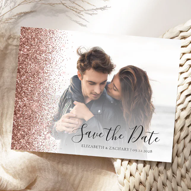 Rose Gold Glitter Edge Photo Save the Date Postcard | Zazzle