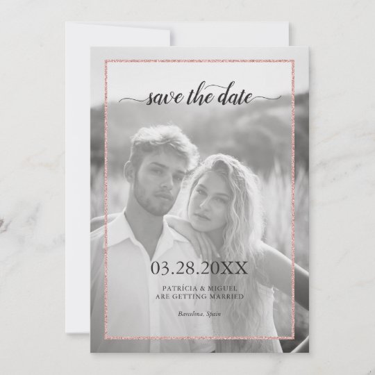Rose Gold Glitter Effect Chic Script Photo Wedding Save The Date ...