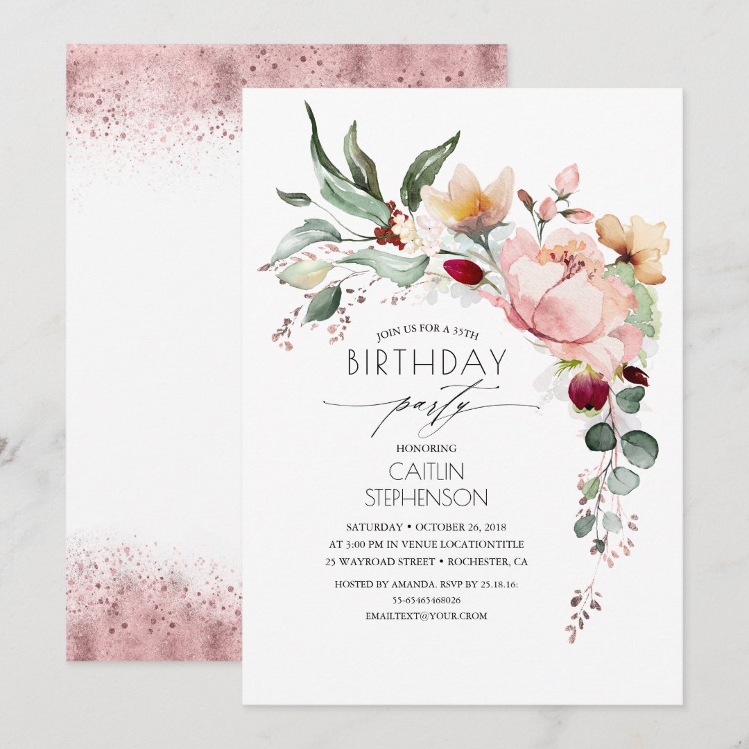 Rose Gold Glitter Elegant Floral Birthday Invitation | Zazzle
