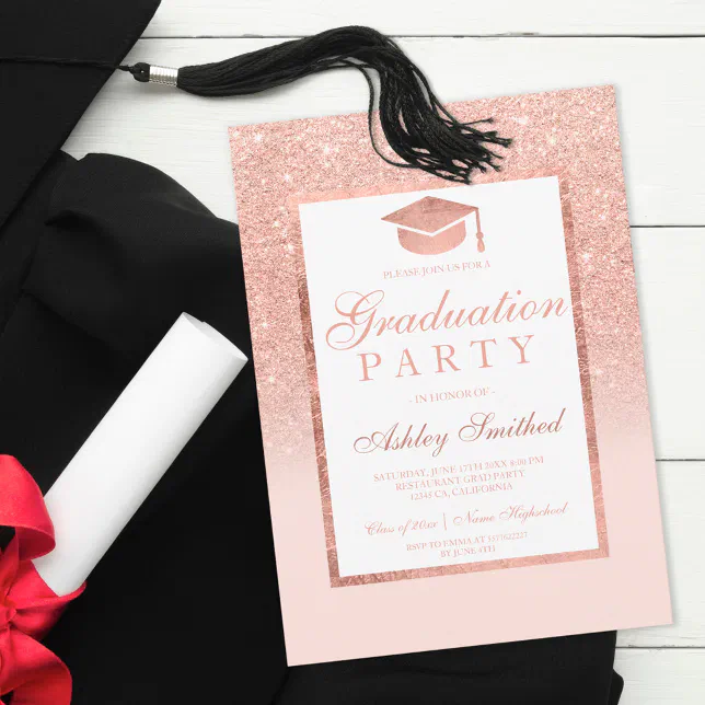 Rose gold glitter elegant Graduation cap party Invitation | Zazzle