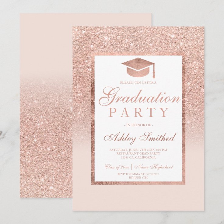 Rose gold glitter elegant Graduation cap party Invitation | Zazzle