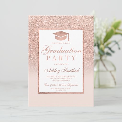 Rose gold glitter elegant Graduation cap party Invitation | Zazzle