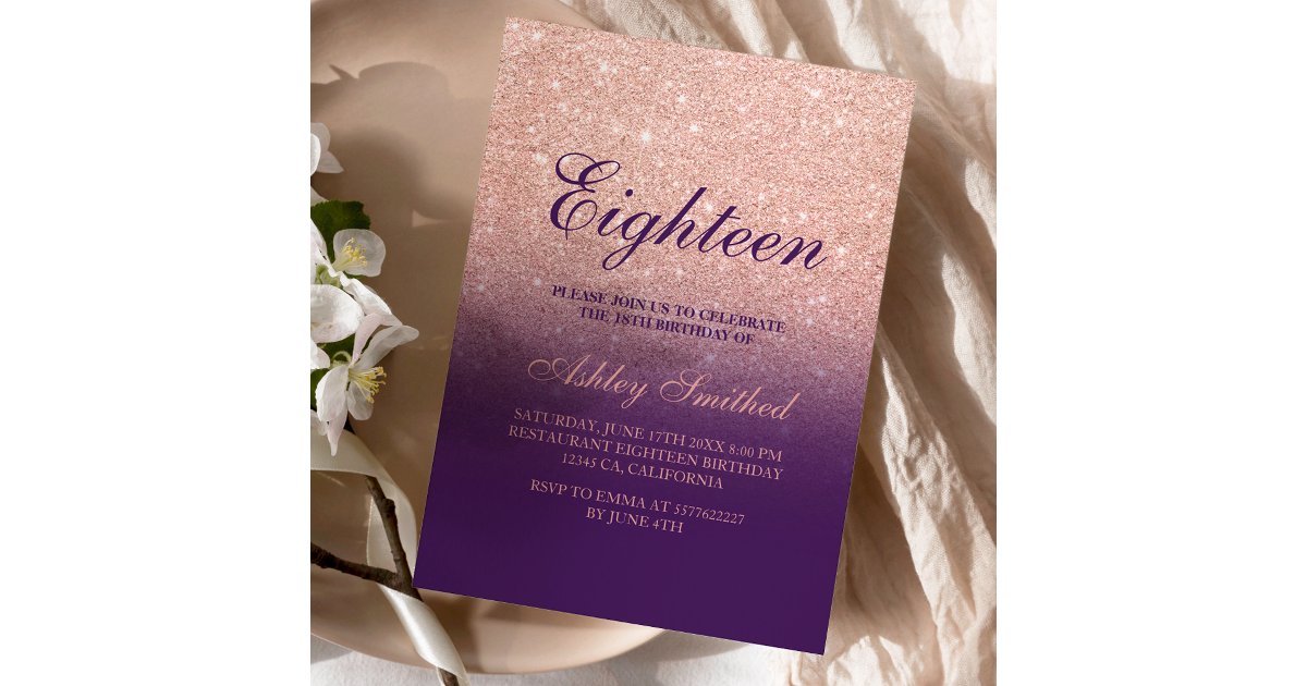 Rose gold glitter elegant purple chic 18 eighteen invitation | Zazzle