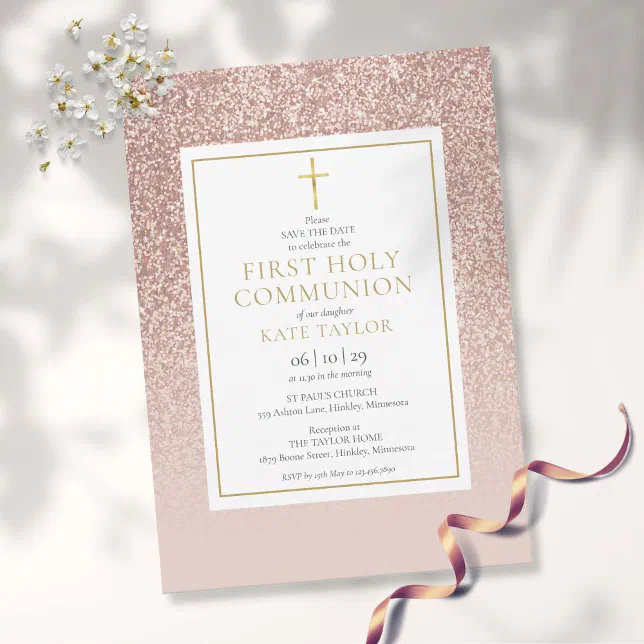 Rose Gold Glitter First Holy Communion Save The Date | Zazzle