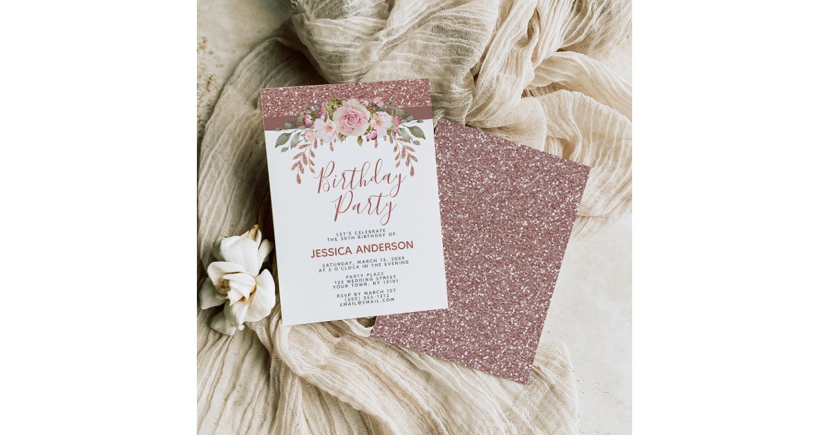Rose Gold Glitter Floral Birthday Party Invitation | Zazzle