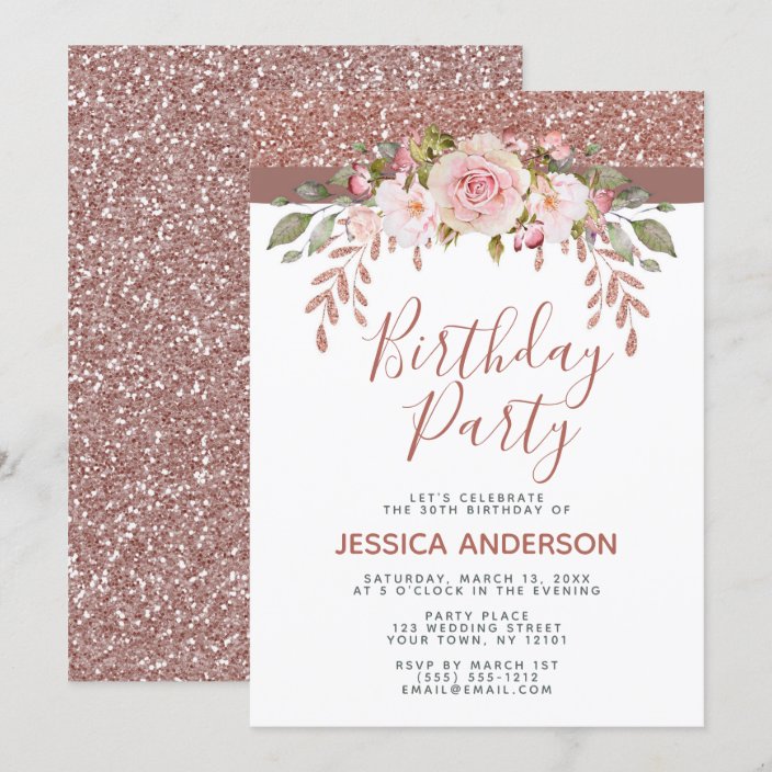 Rose Gold Glitter Floral Birthday Party Invitation | Zazzle.com