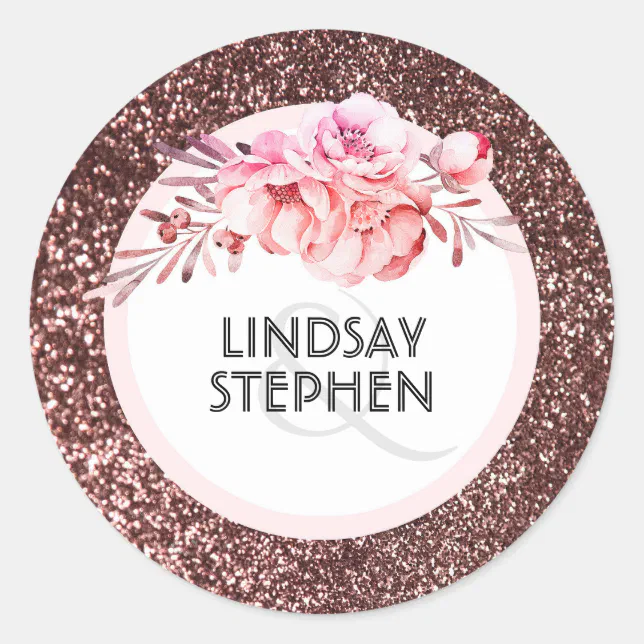 Rose Gold Glitter Floral Blush Wedding Classic Round Sticker | Zazzle