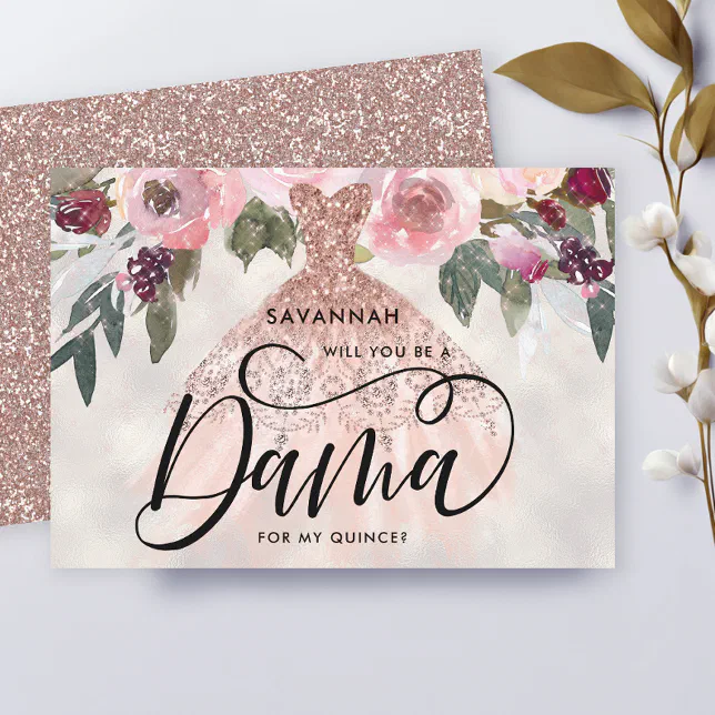 Rose Gold Glitter Floral Quinceañera Dama Proposal Invitation | Zazzle