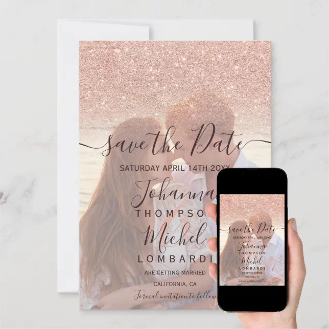 Rose gold glitter floral red photo save the date | Zazzle