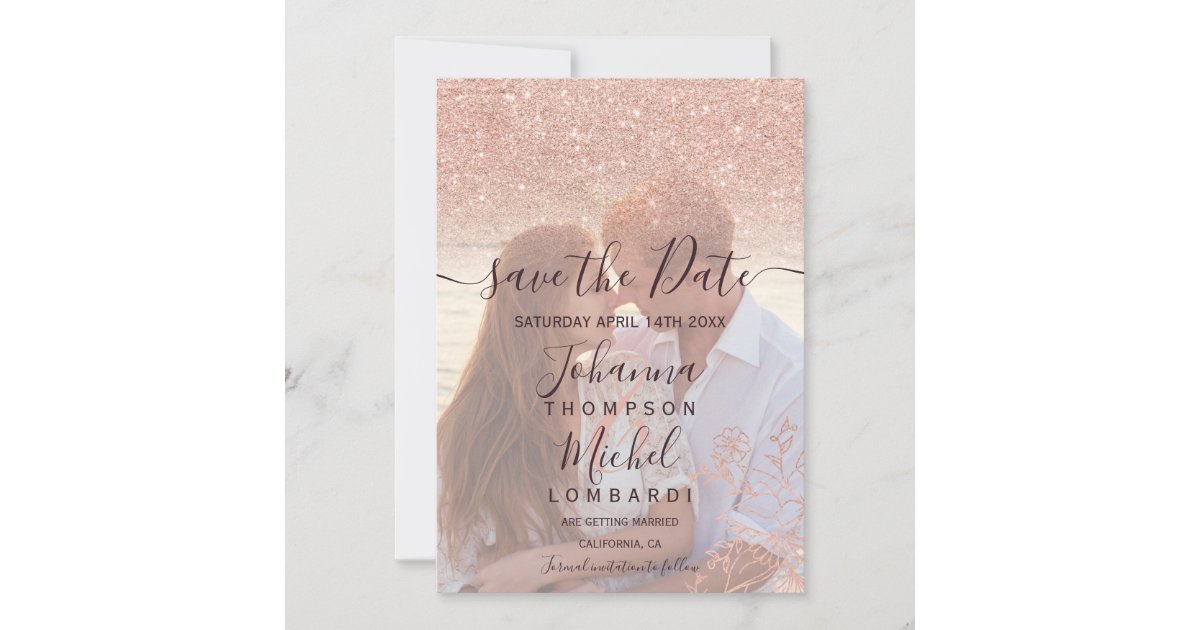 Rose gold glitter floral red photo save the date | Zazzle
