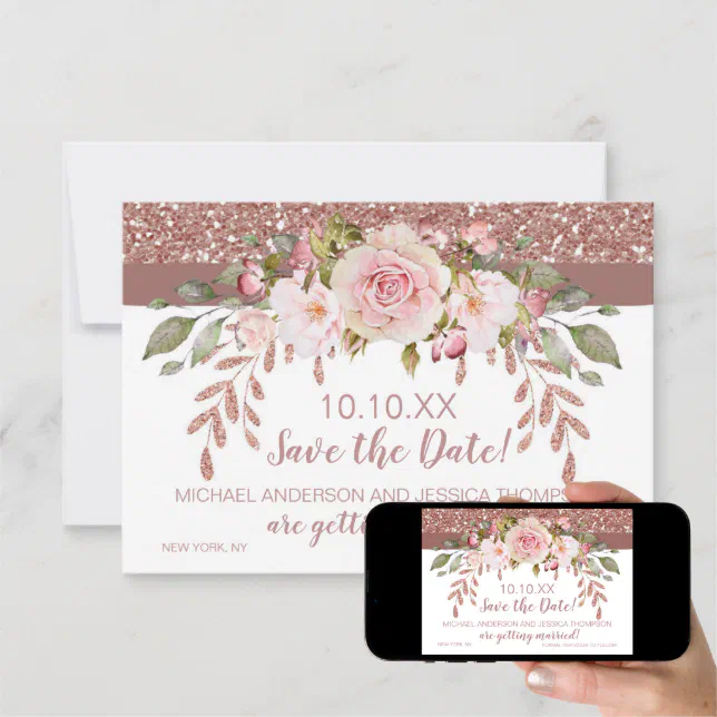 Rose Gold Glitter Floral Save the Date | Zazzle