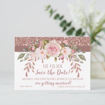 Rose Gold Glitter Floral Save the Date | Zazzle