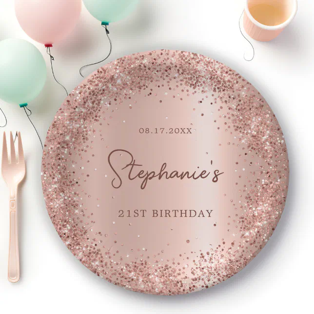 Rose Gold Glitter Foil 21st Birthday Monogram Paper Plates | Zazzle