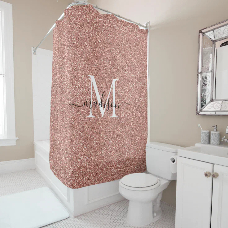Rose Gold Glitter Glam Sparkle Monogram Script Shower Curtain | Zazzle