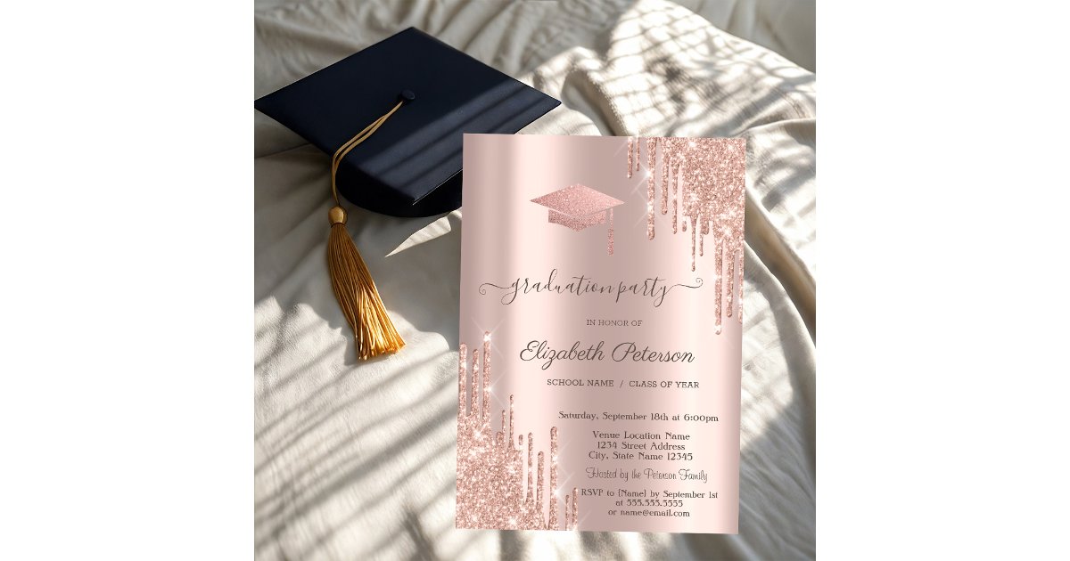 Rose Gold Glitter Grad Cap Drips Invitation | Zazzle