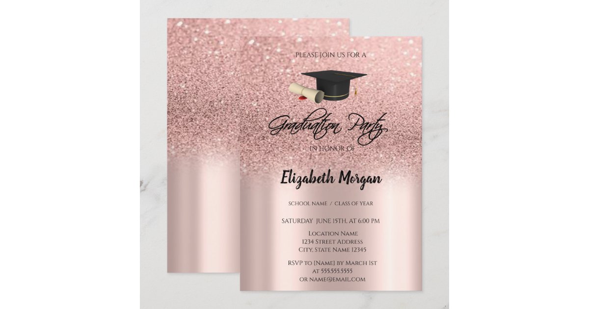 Rose Gold Glitter Graduation Cap Graduation Invit Invitation | Zazzle