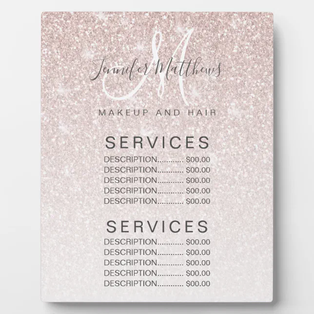 Rose Gold Glitter Hair Makeup Salon Price Menu Plaque | Zazzle
