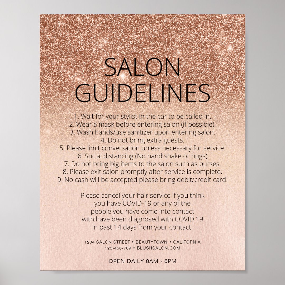 Rose Gold Glitter Hair Salon Covid Health Safety Poster | Zazzle