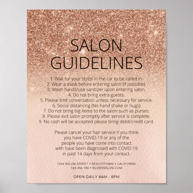 Rose Gold Glitter Hair Salon Covid Health Safety Poster | Zazzle