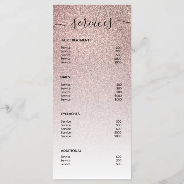 Rose Gold Glitter Hair Salon Makeup Artist Service Menu | Zazzle