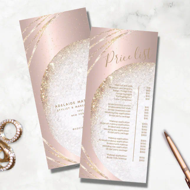 Rose Gold Glitter Hair Stylist Salon Price List Rack Card | Zazzle