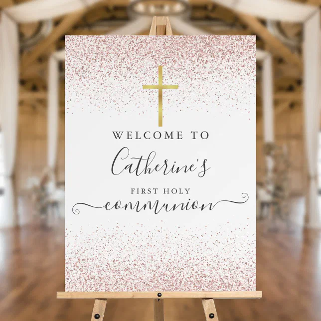 Rose Gold Glitter Holy Communion Welcome Sign | Zazzle