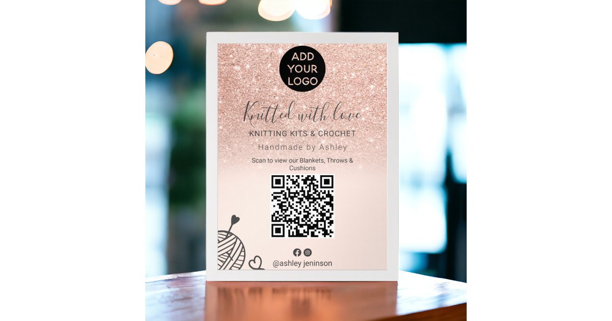 Rose gold glitter knitting crochet yarn Qr code Poster | Zazzle