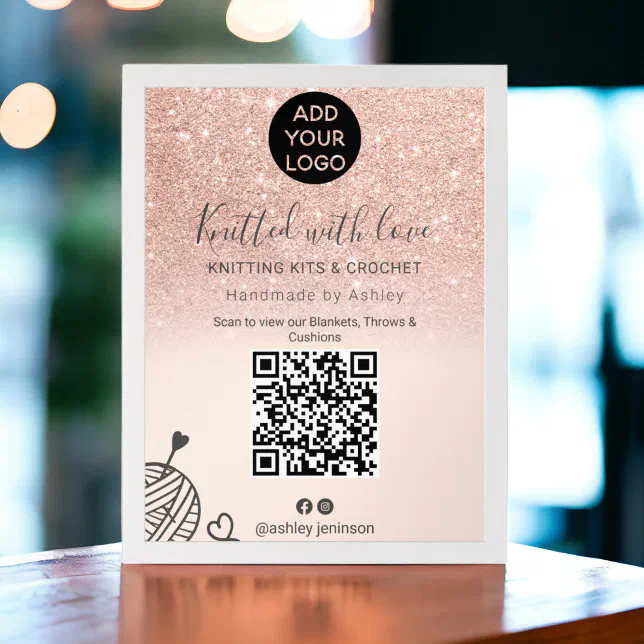 Rose gold glitter knitting crochet yarn Qr code Poster | Zazzle