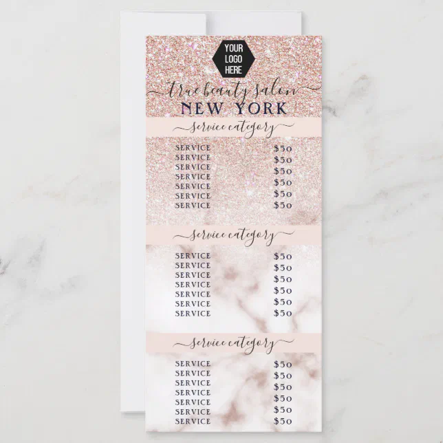 Rose Gold Glitter Marble Logo Salon Price List | Zazzle